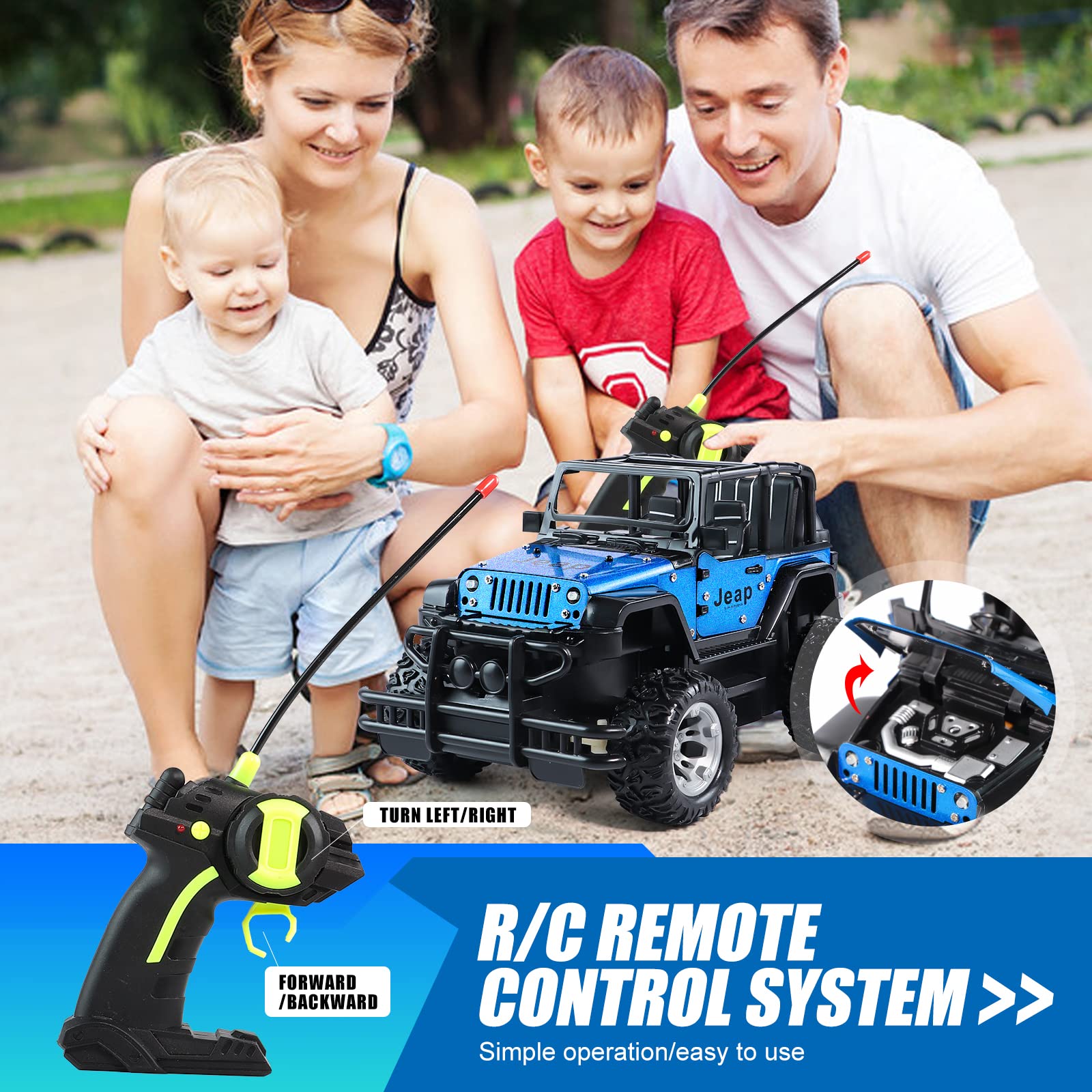 bibisash 1:20 Scale Remote Control Car, Non-Slip Off-Road Toy Car with Friction Powered Wheels & Openable Doors, RC Jeep Toy for Kids & Children (Blue