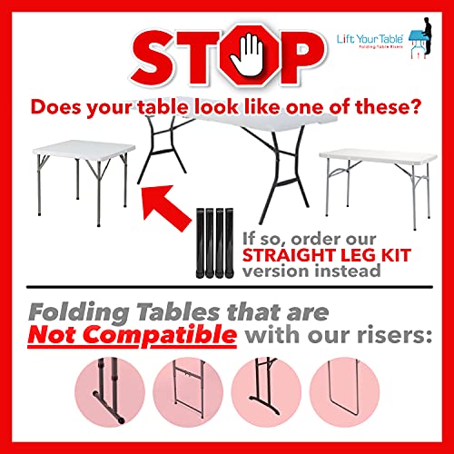 Lift Your Table® Folding Table Risers, Made in The USA, Standing Desk Kit, Easy-to-Use Bent Leg Folding Table Extensions, Raises Folding Tables 14” Inches. Durable, Sturdy. Set of 4, Black