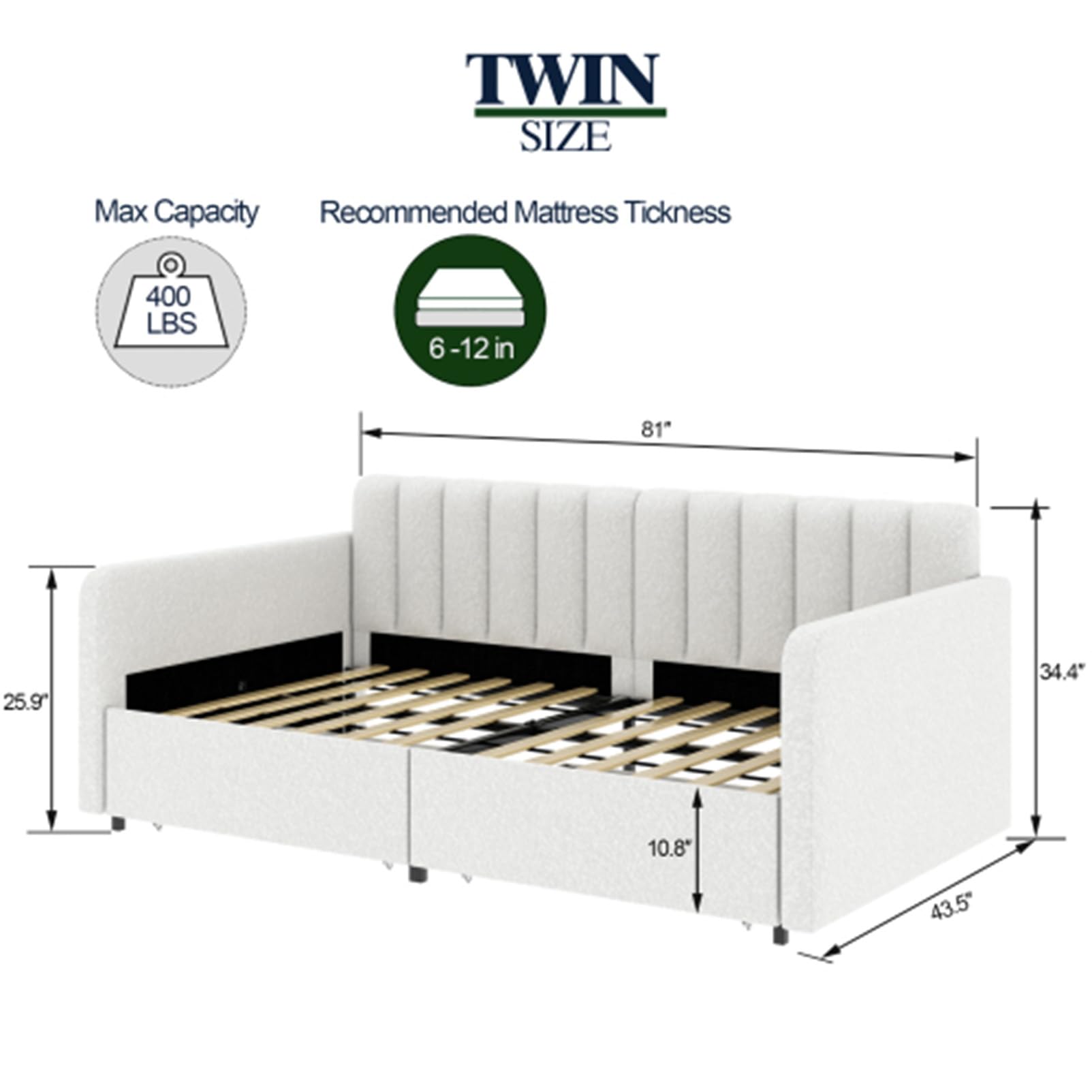 CYzpf Deep Seat Sofa Couches Bed,3 Seater Modern Cloud Sofá,Upholstered Lounge Sofa,Ribbed Tufted Backrest,with 2 Big Drawers,for Small Space, Apartment,Home Office,White