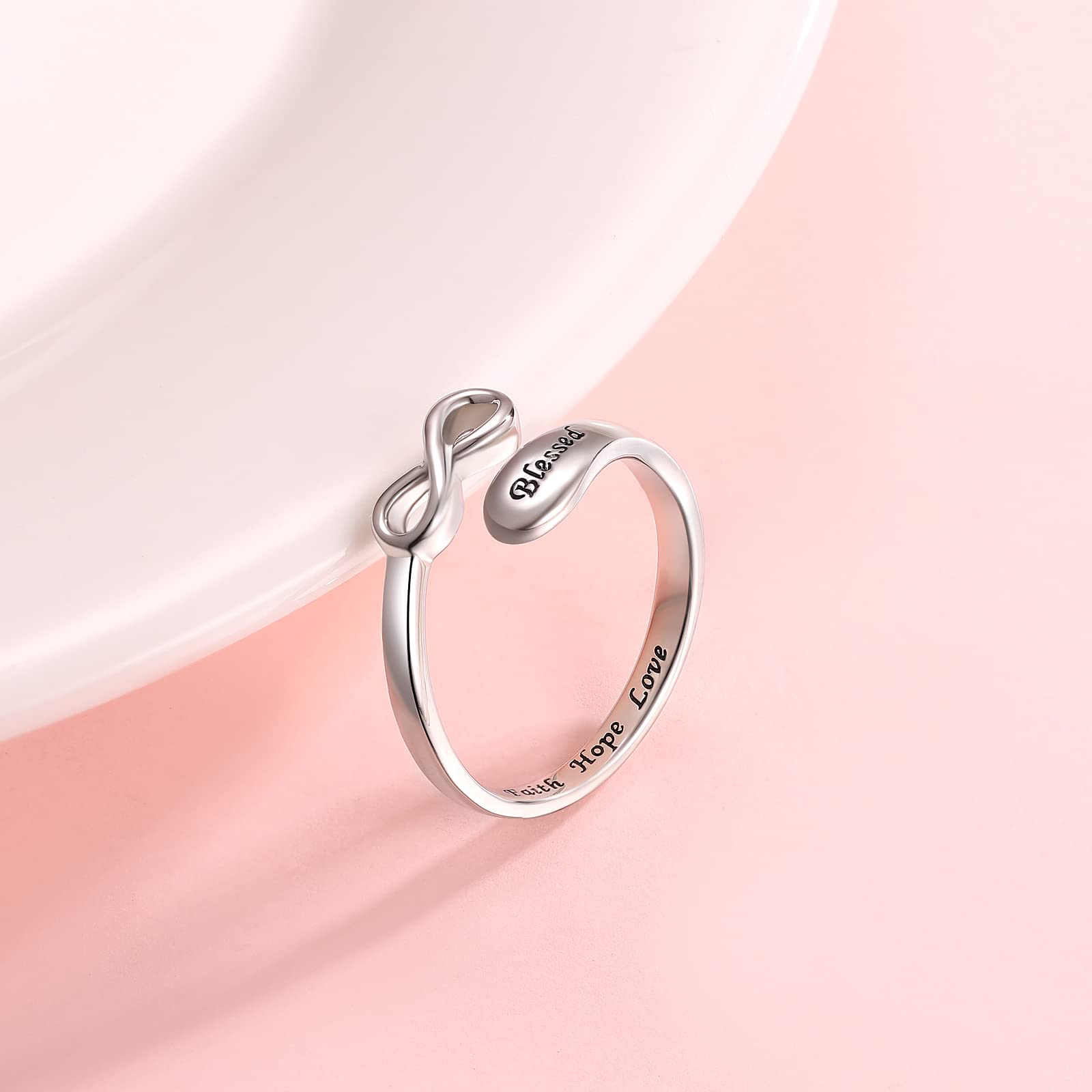 Bolelis 925-Sterling-Silver Just Breathe Rings - Inspirational Adjustable Jewelry Personality Encouragement Gift for Teens Women (Infinity Blessed)