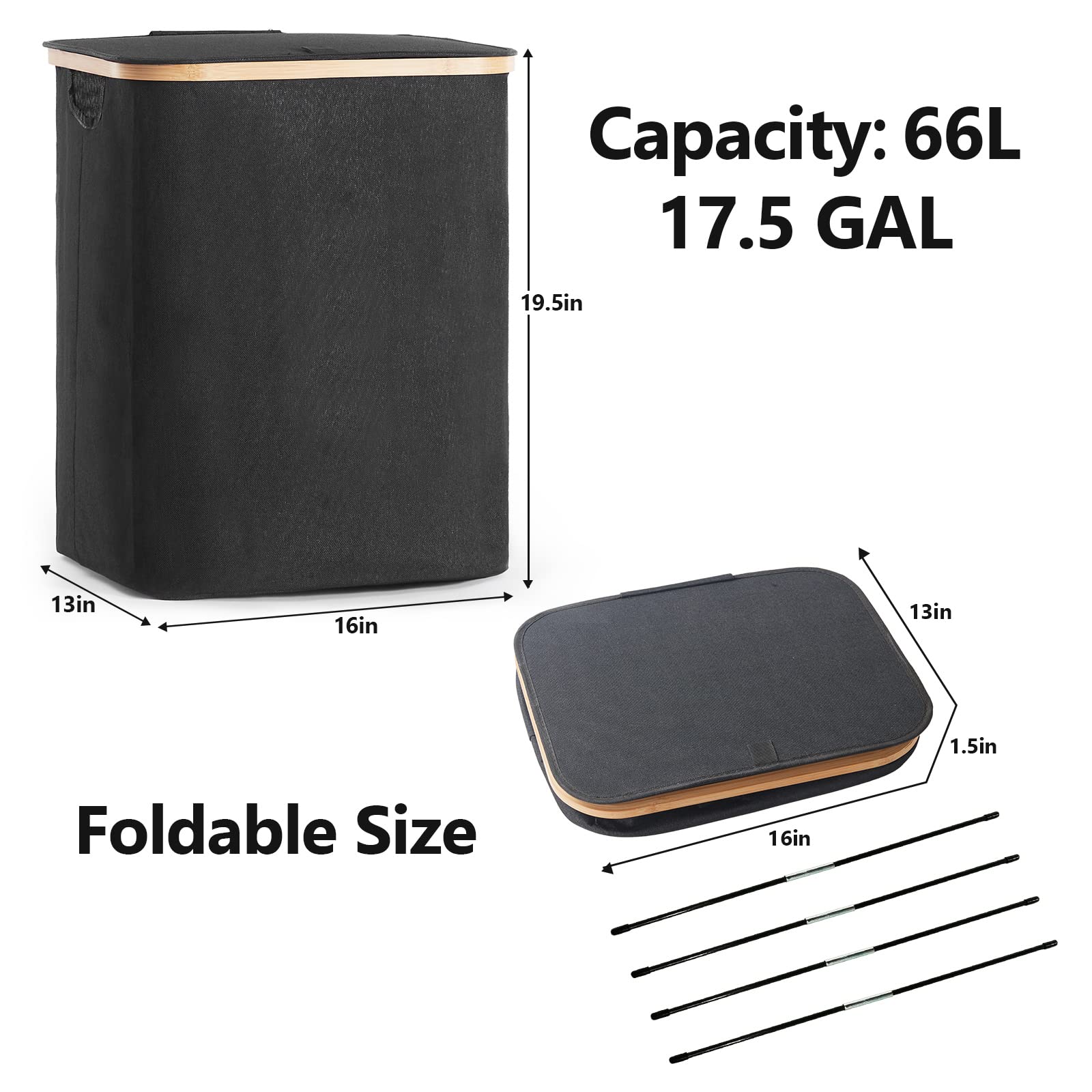 YOUDENOVA 66L Large Laundry Basket with Lid, Collapsible Dirty Clothes Hamper with Handle, Closet Storage Bin for Bedroom, Bathroom, Dorm (Black)