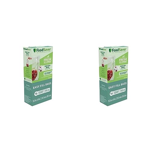 FoodSaver Easy Fill 1-Quart Vacuum Sealer Bags | Commercial Grade and Reusable | 16 Count, Clear (Pack of 2)