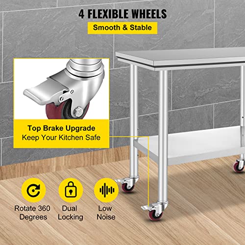 Mophorn Stainless Steel Work Table 36x24 Inch with 4 Wheels Commercial Food Prep Worktable with Casters Heavy Duty Work Table for Commercial Kitchen Restaurant