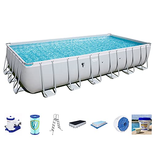 Bestway 56542E 24ft x 12ft x 52in Steel Frame Above Ground Rectangular Swimming Pool Set with 2500 GPH Filter Pump, Cover, Ladder & Solution Blend