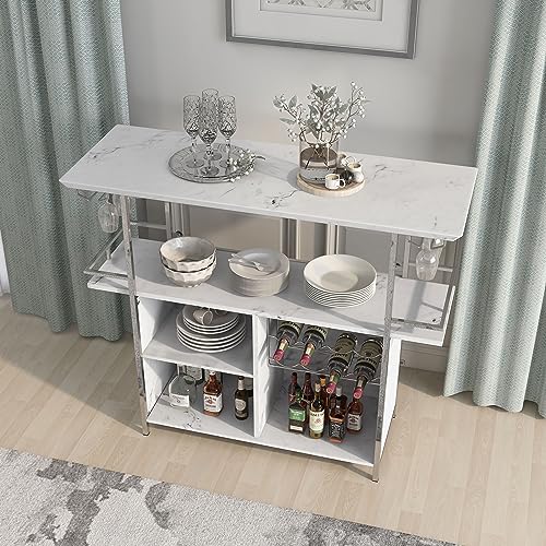 Furniture of America Linda Glam Faux Marble Multi-Storage Bar Table with Comfortable Footrest for Dining Room, Kitchen, White and Chrome