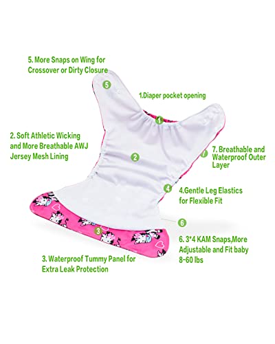 Mumsbest Cloth Diaper for Baby Girls with Tummy Panel, 6 Pack Reusable Adjustable Washable AWJ Lining Pocket Nappy with 6 Inserts & 1 Diaper Wet Bag (Girl)
