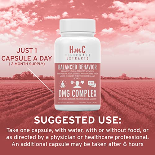 HighCraft Extracts DMG Supplement - Balanced Behavior - Calm, Reduces Irritability, restlessness, soothes Mood Changes - Magnesium, Potassium, Betaine, Dimethylglycine, Calcium Gluconate, Glycine