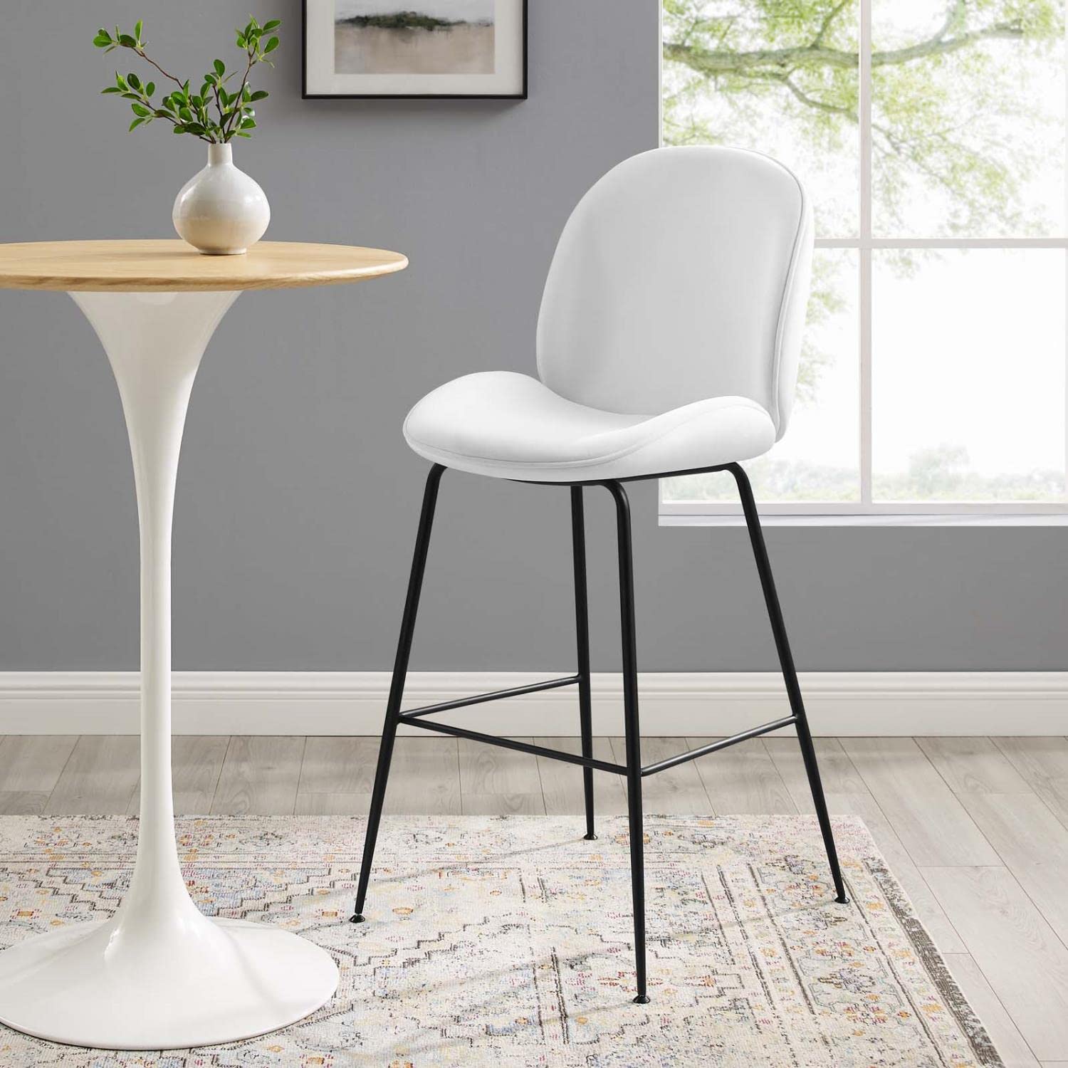 Modway Scoop Black Powder Coated Steel Leg Performance Velvet Bar Stool, White