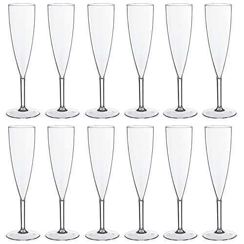 US Acrylic Plastic 5 ounce One Piece Champagne Flute in Clear | Set of 12 Wine Stems | Reusable, BPA-free, Made in the USA, Top-rack Dishwasher Safe