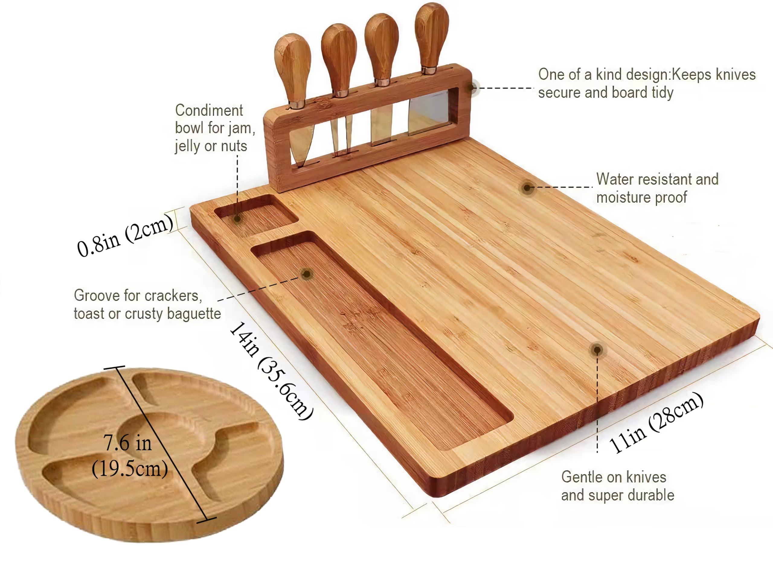 Cheese Board and Knife Set,Bamboo Charcuterie Board Set with Round Tray,Cheese Platter Serving Tray,Cheese Plate Set,Perfect, Birthday,Housewarming