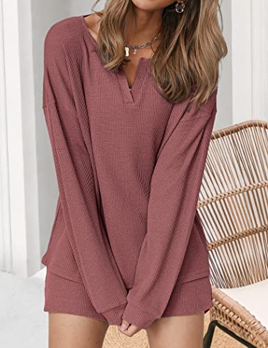 Ekouaer Womens Waffle Knit Long Sleeve Top and Shorts Loungewear Thick Pajama Set, A-rose Red, Large