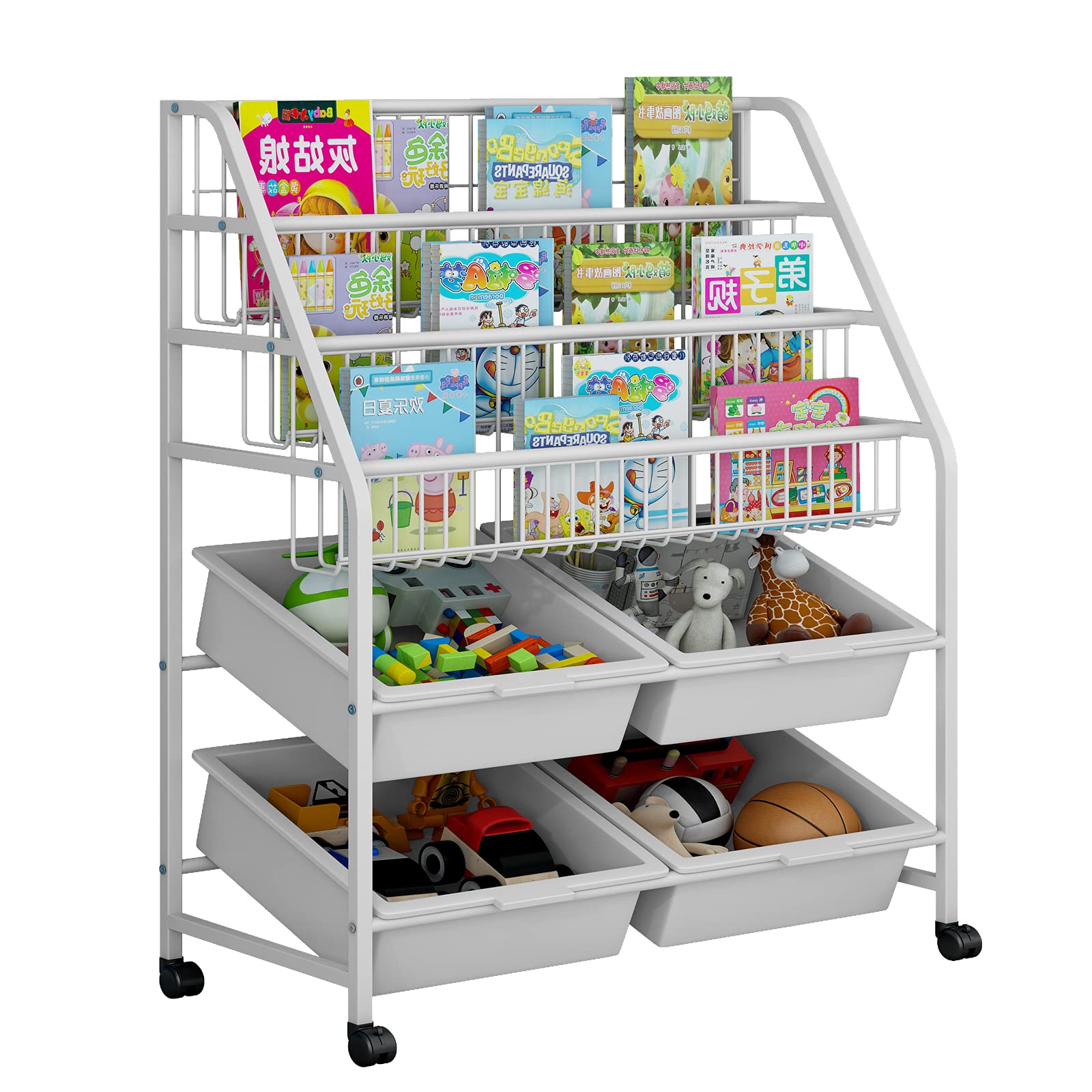 LINZINAR Bookshelf Iron Toy Organizer 3 Tier Mobile Bookrack 4 Plastic Toy Storage Boxes with WheelsāWhiteā¦