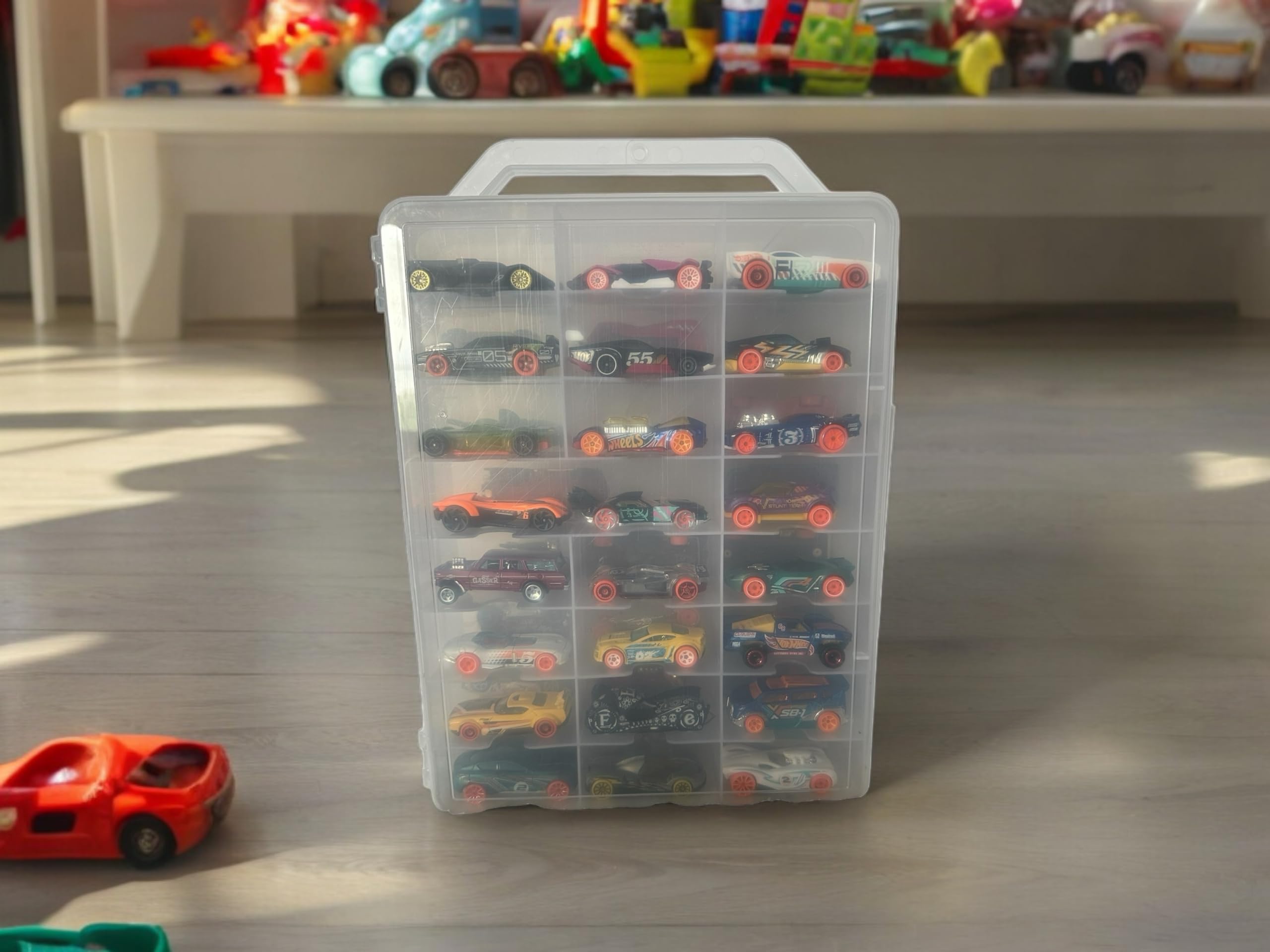 Double Sided Storage Case for 46 Hot Wheels, Matchbox Cars, Small Action Figures, Crafts; Portable Transparent Storage Case with 46 Compartments, Case Only (Transparent)