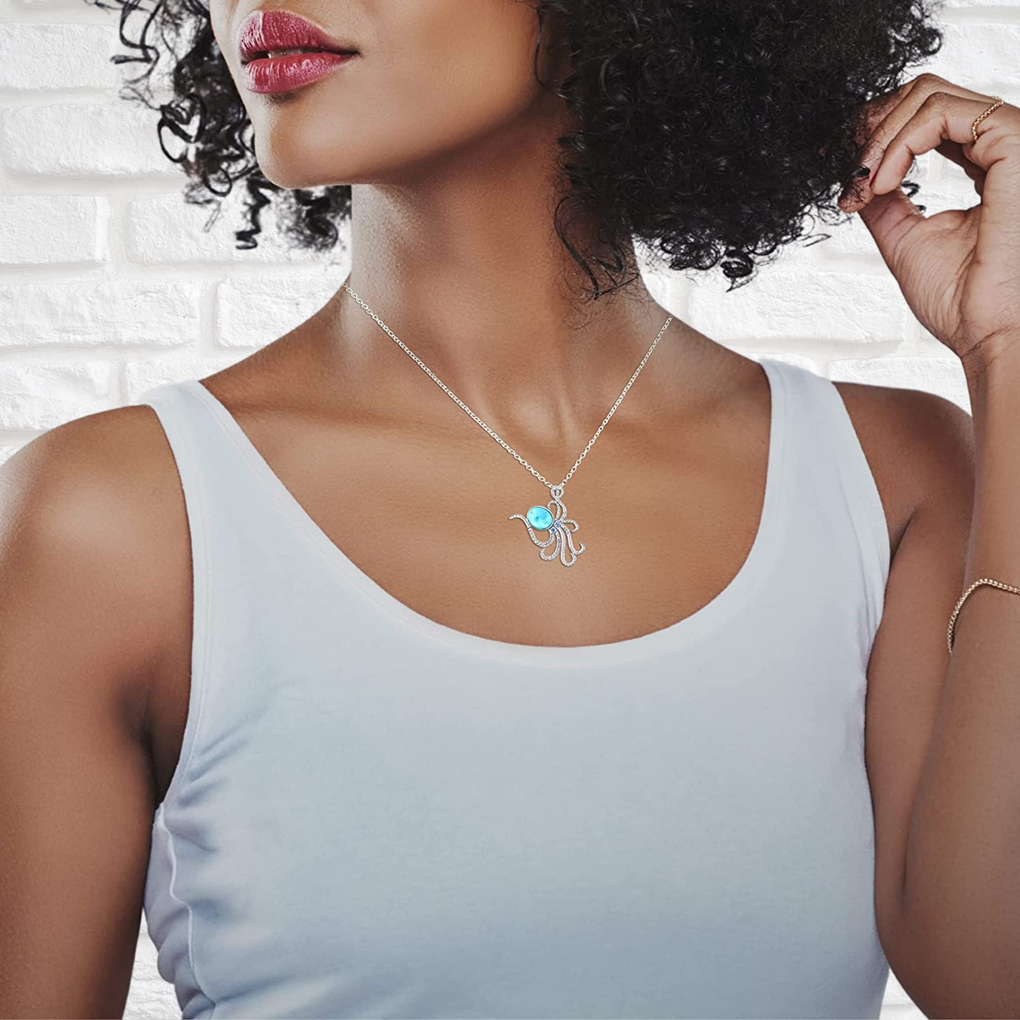 Beaux Bijoux Nautical Octopus Caribbean Natural Larimar Gemstone Sterling Silver Pendant 18ββ Necklace Jewelry for Women or Teens