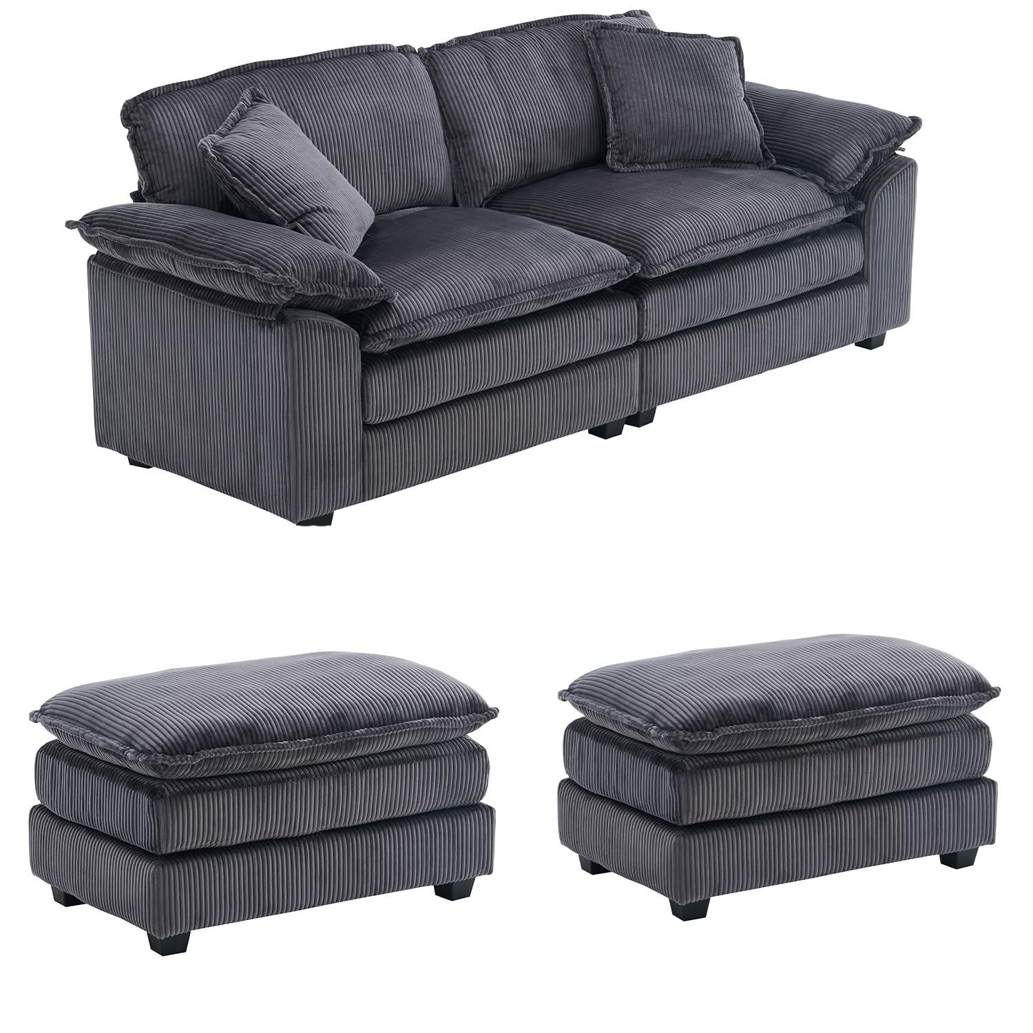 Corduroy Modular Sectional Couch, 84“ Width Oversize Loveseat Sofa, Comfy Plush Cloud Couch Lounge Chair with Ottomans and 2 Pillows for Small Spaces, Living Room, Bedroom, Office (Grey)