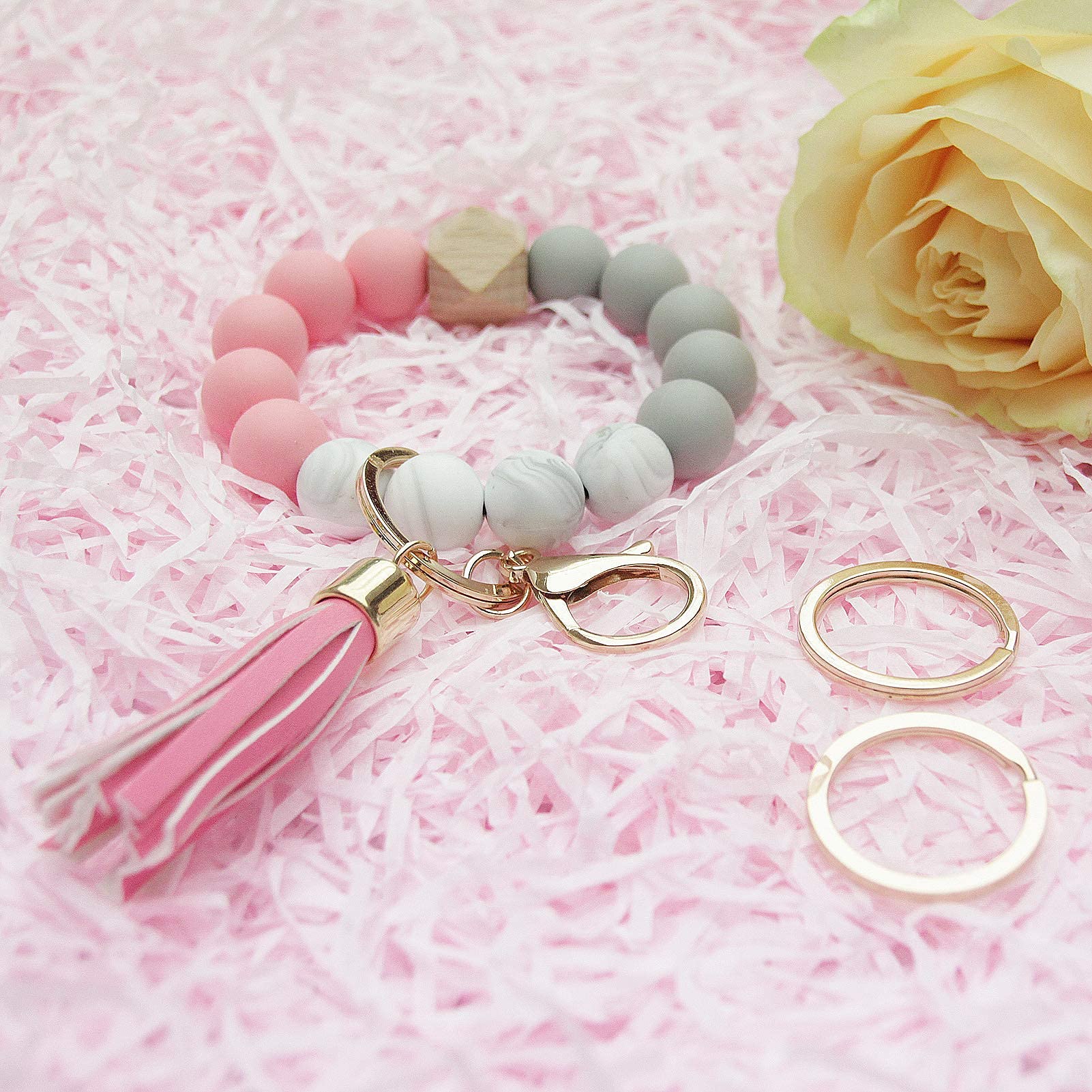 ATLTEROZ Beaded Bracelet Keychain, Silicone Bangle Keyring Wristlet Keychain Bracelet with Tassel for Women (pink)