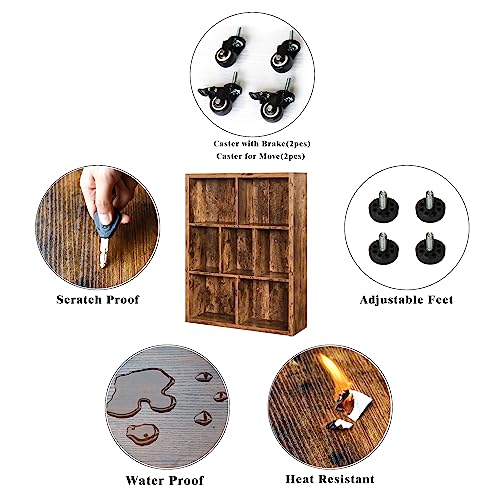 FUSUNBAO 7-Cube Style Bookshelf with Wheels Frame Industrial Style Book Storage Organizer Bookcase Floor Standing Fixed Shelves,Display Shelves Cabinet for Living Room/Bedroom/Office