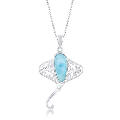 Beaux Bijoux Nautical Stingray Caribbean Natural Larimar Gemstone Sterling Silver Pendant 18ββ Necklace Jewelry for Women or Teens