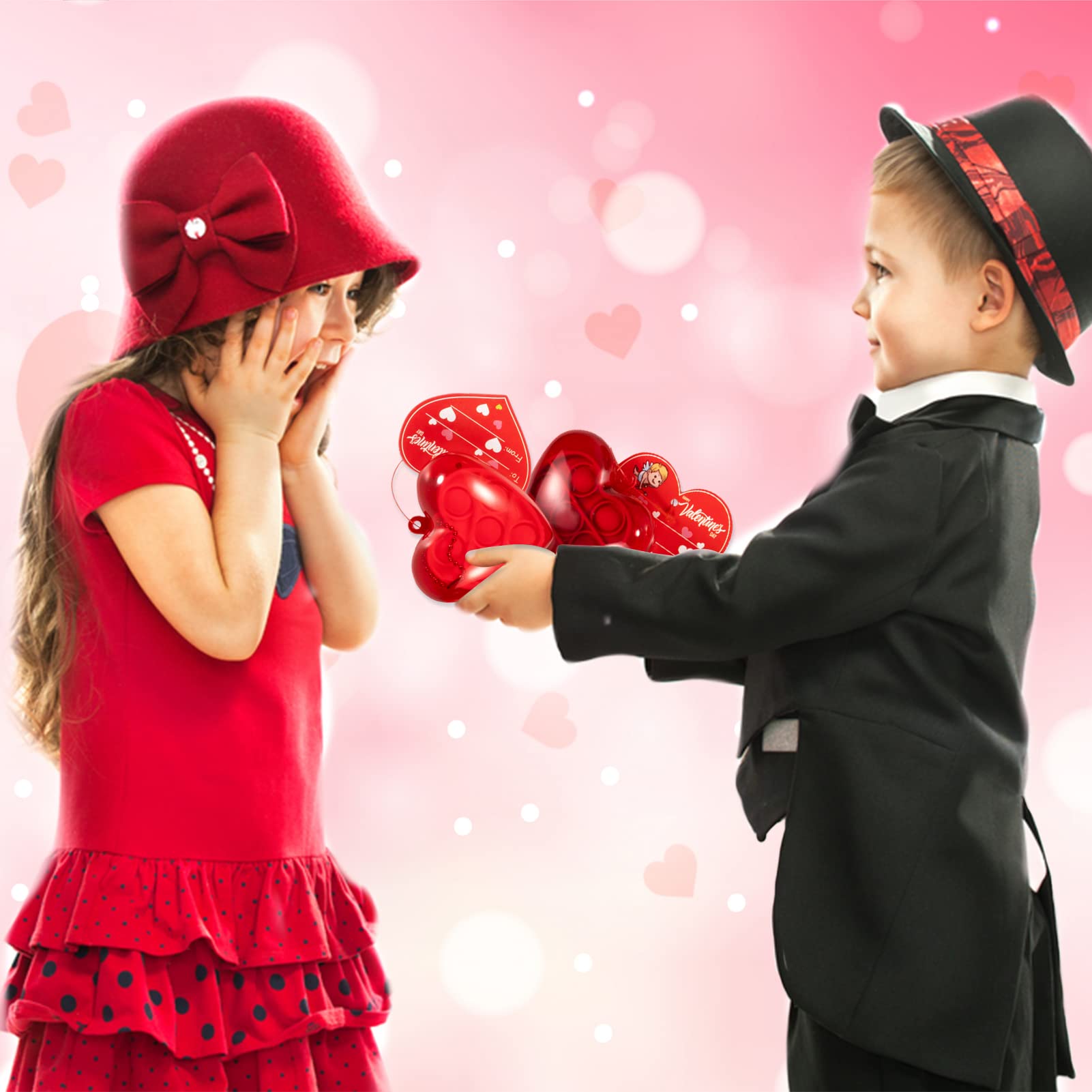 Kids Valentines Gifts Mini Pop Set - 12 Pack Valentine's Day Heart Boxes with Fidget Keychains and Gift Cards for Kids School Class Exchange Gifts Valentines Party Favors
