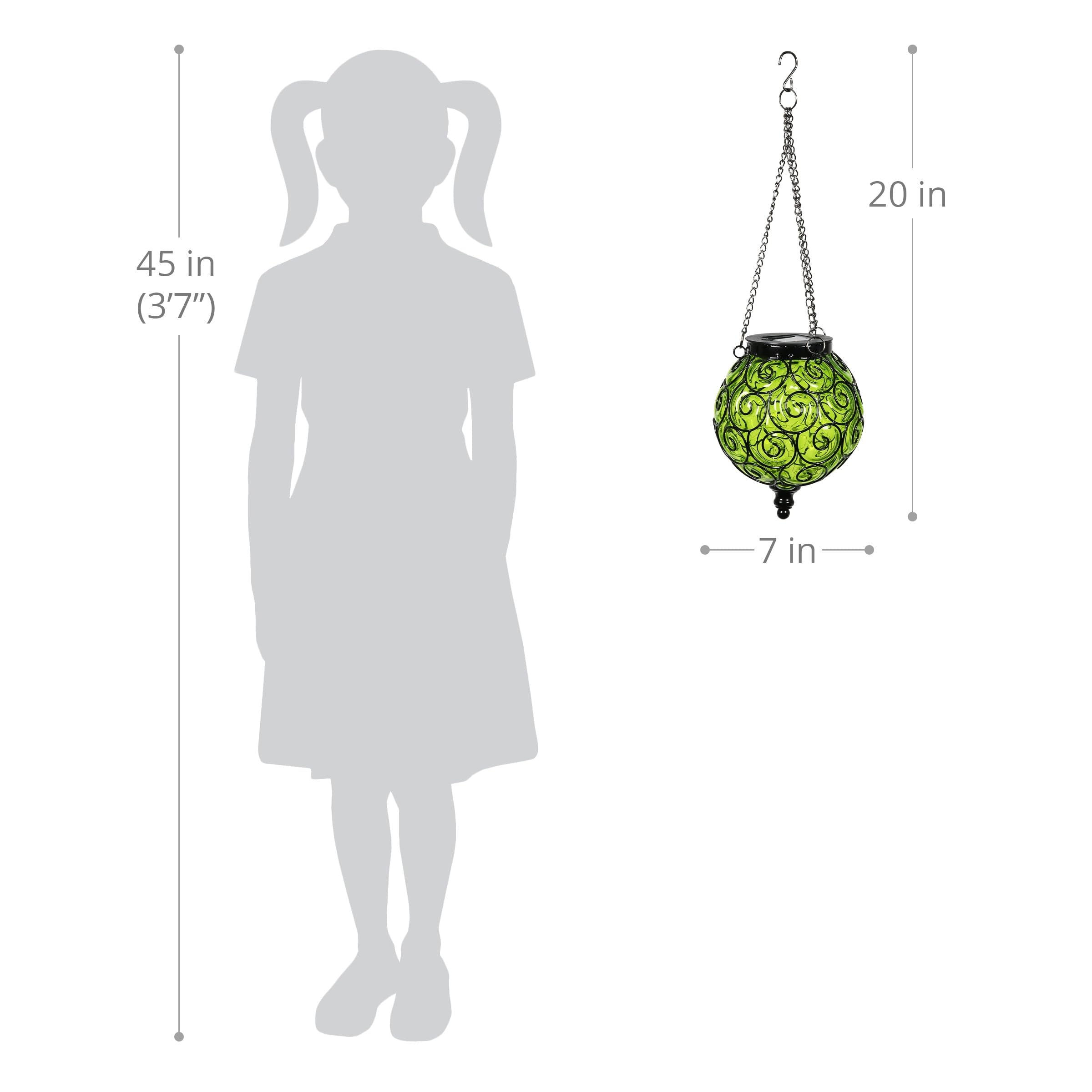 Exhart Outdoor Garden Solar Lights, Round Glass and Metal Hanging Lantern, 15 Firefly LED Lights, 7 x 20 Inch, Green