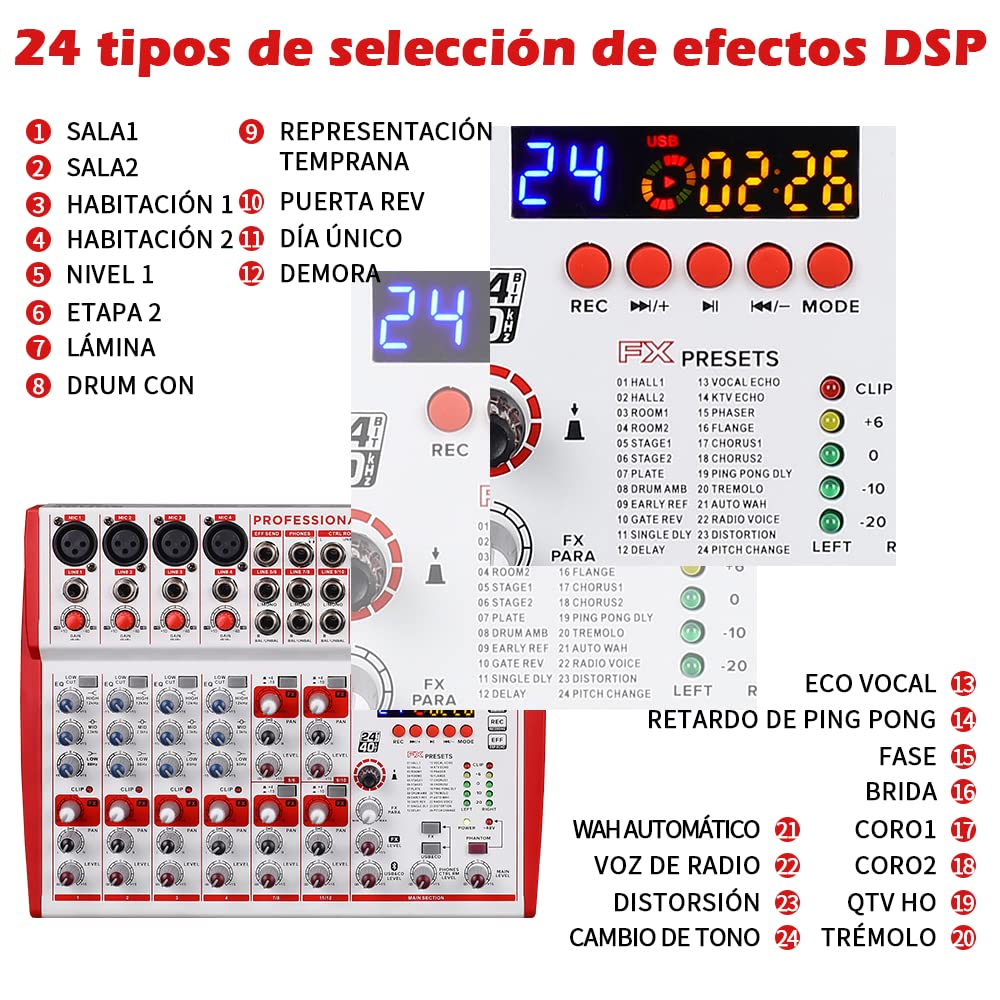 BOMGE 10-Input sound board Mixer with Mic Preamps and Compressors, 24DSP, bluetooth,48V Power,British EQ and USB/Audio Interface fro recording, karaoke and podcast. (10M-10 Channel)