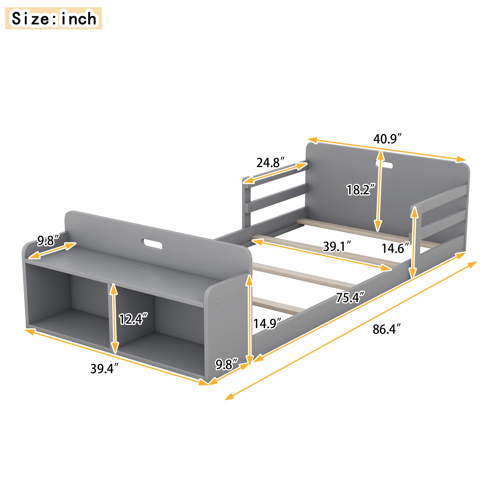 Twin Size Floor Bed with Rails and Storage Bench, Wood Kids Platform Bed Frame with Headboard and Footboard, No Box Spring Needed, Gray