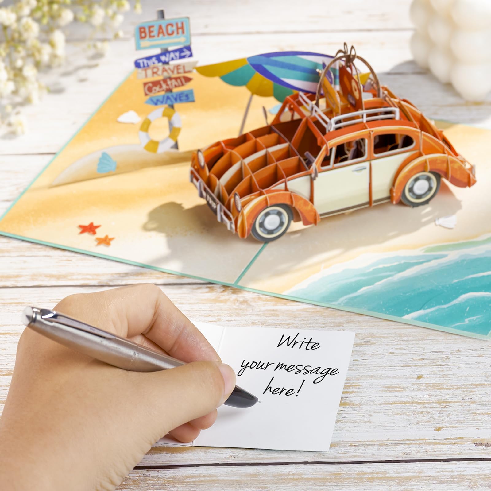 POPWOW Car Pop Up Card, Beetle Bug, New Adventure, Road Trip, Vacation 3D Travel Card for Birthday, Graduation, Congratulations, Retirement, Work Anniversary, Farewell, Goodbye, Bon Voyage, 5x7