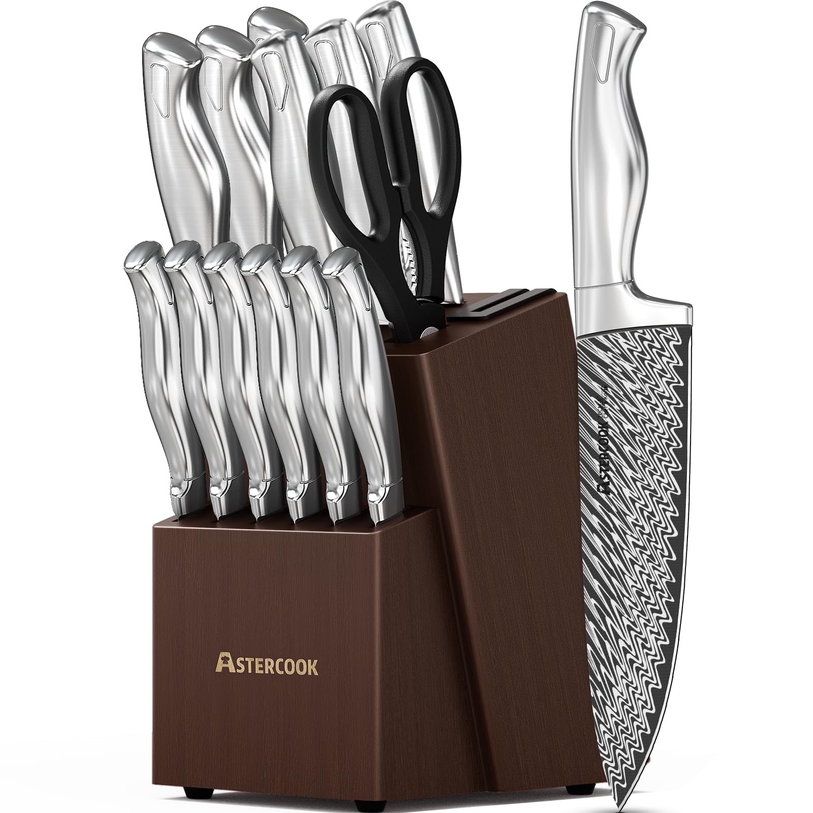 Astercook Knife Set, 20 Pieces Damascus Kitchen Knife Set with Block, Built-in Knife Sharpener, German Stainless Steel Knife Block Set, Dishwasher Safe
