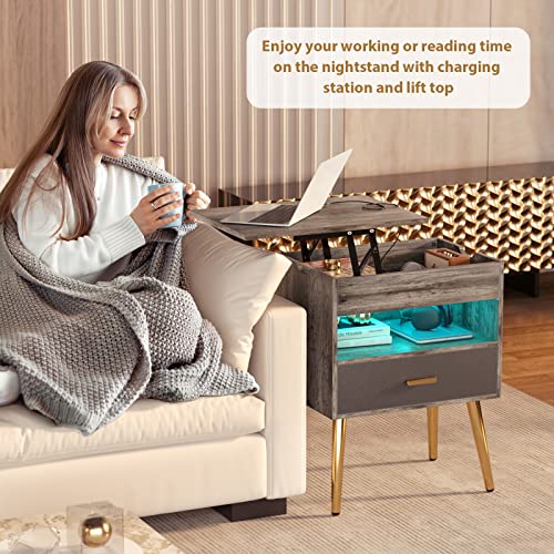 Cyclysio 35 Inches Nightstand with Reversible Lift Top, Large Night Stand with LED Lights, Tall Bedside Table with Charging Station, High End Side Table for Bedroom, Sofa Side, Living Room, Grey