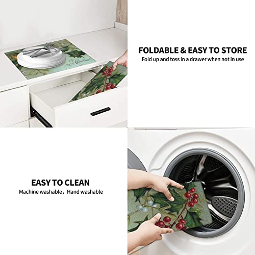 Happy New Year Xmas Tree Bell Printed Drying Mat For Kitchen Ultra Absorbent Microfiber Dishes Drainer Mats Non-Slip Silicone Quick Dry Pad - 18 X 16inch