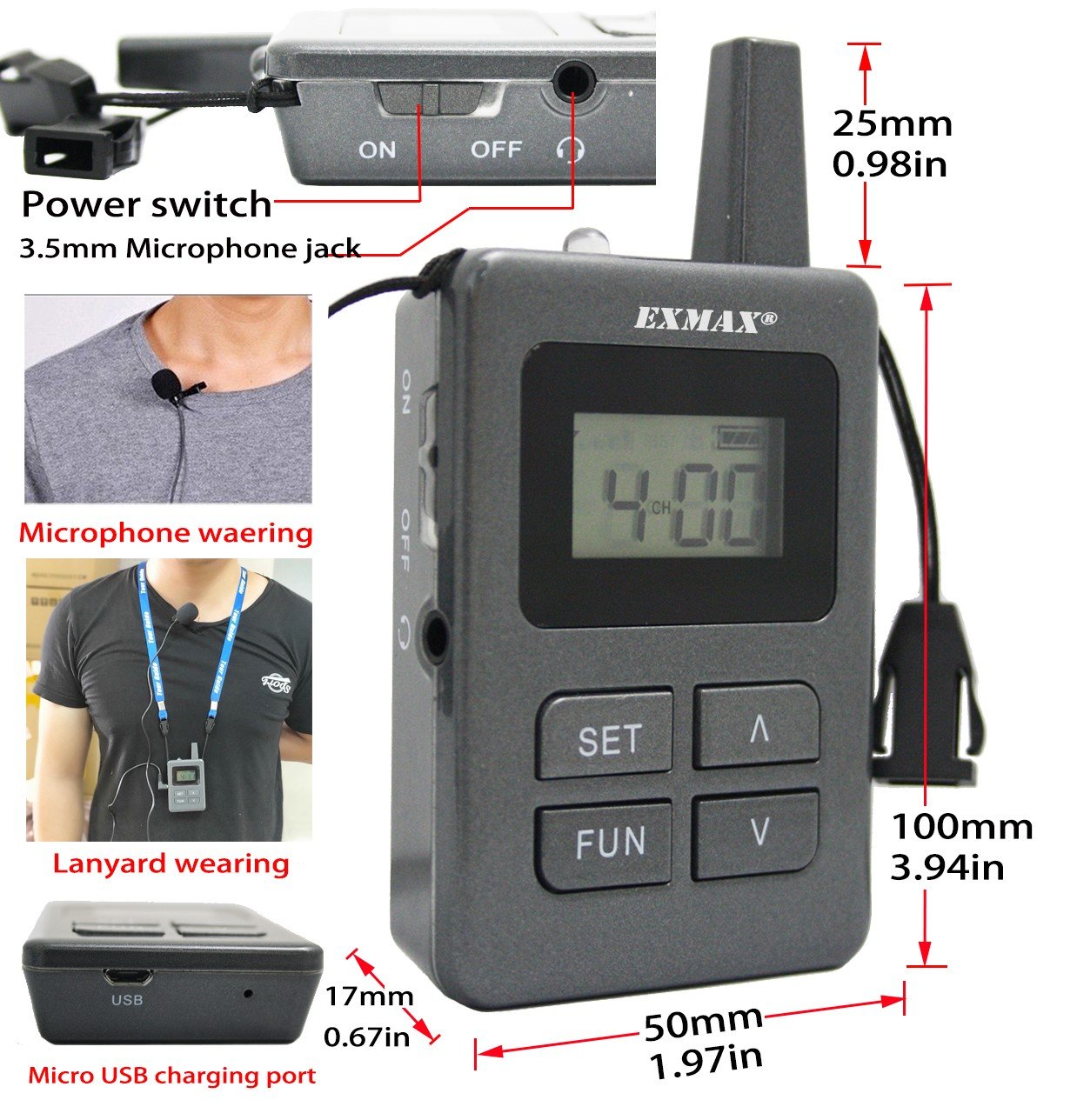 EXMAX ELGT-470 UHF Wireless Tour Guide Acoustic Audio Voice Transmission System 100 Channels for Private Speech Social Distancing Training Meeting Travel 1 Transmitter 10 Receivers Black Storage Case