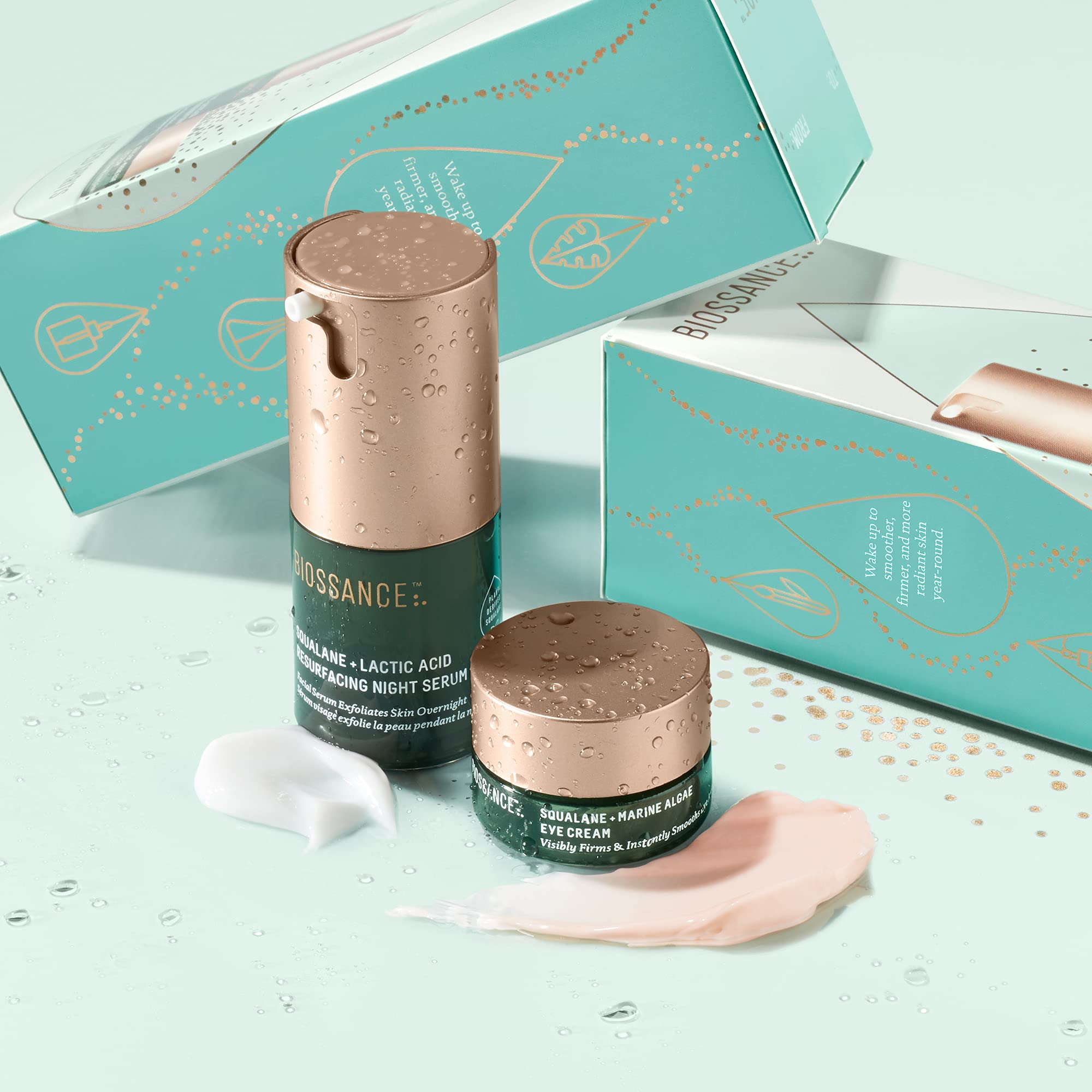 Biossance Lifted Spirits Set. Limited Edition Squalane + Lactic Acid Resurfacing Night Serum (.5 oz) and Squalane + Marine Algae Eye Cream (.1 oz)