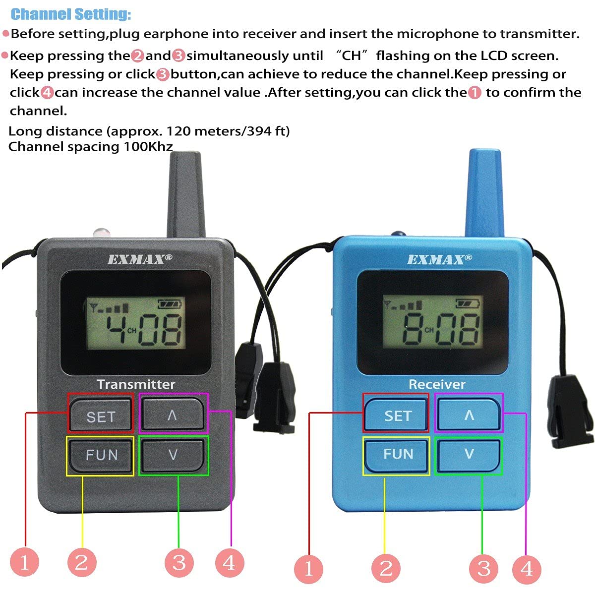 EXMAX ELGT-470 UHF Wireless Whisper Acoustic Transmission System Church Translation Teaching Summit Simultaneous Interpretation Walking Tour 1 Transmitter 12 Receivers + Silver Aluminium Storage Case