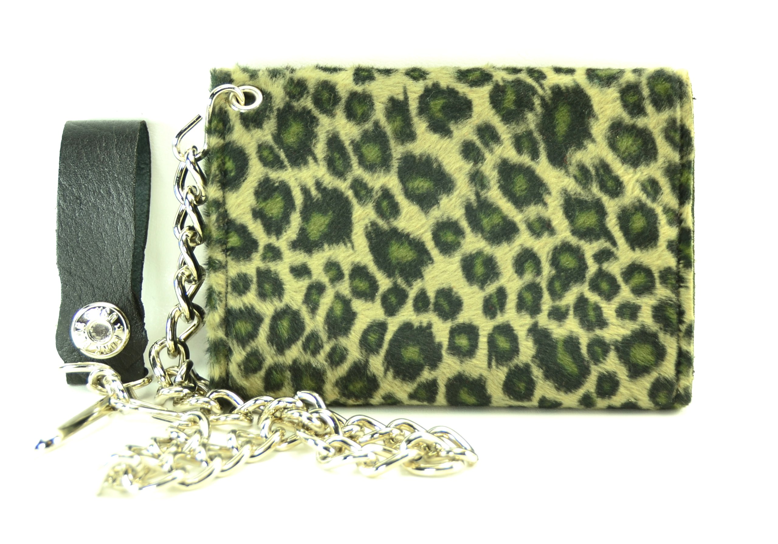 Fuzzy Leopard Tri-fold Bikers Wallet with 16" Chain Green