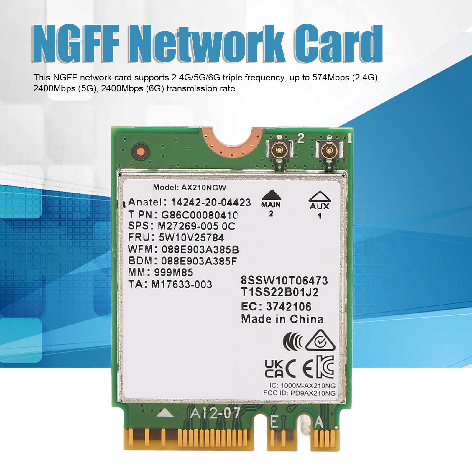 AX210NGW NGFF M2 WiFi Card, WiFi 6 5374Mbps Bluetooth 5.2 Triple Band 2.4G/5G/6G Wireless Gigabit Network Card, Supports MU MIMO for Windows 10, Linux(Above 5.1), for Chrome OS