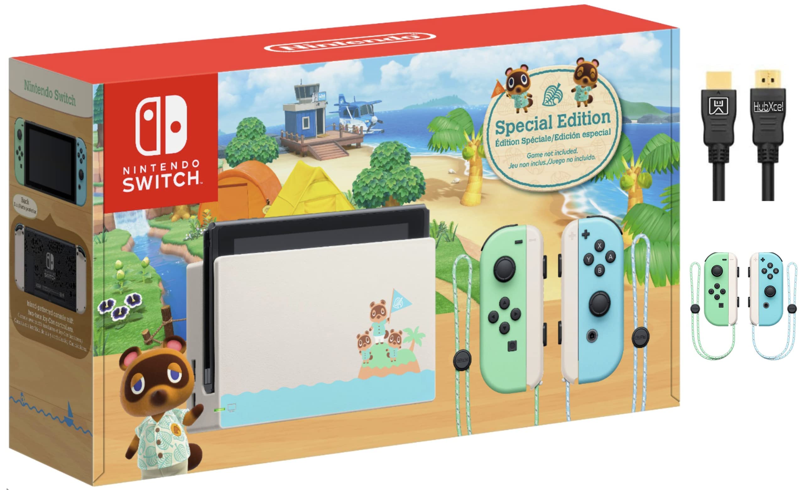 Newest Nintendo Switch Animal Crossing: New Horizons Edition 32GB Console - Pastel Green Blue Joy-Con - 6.2" Touchscreen Display, WiFi, Bluetooth + Hubxcel HDMI Accessories Holiday Bundle (Renewed)