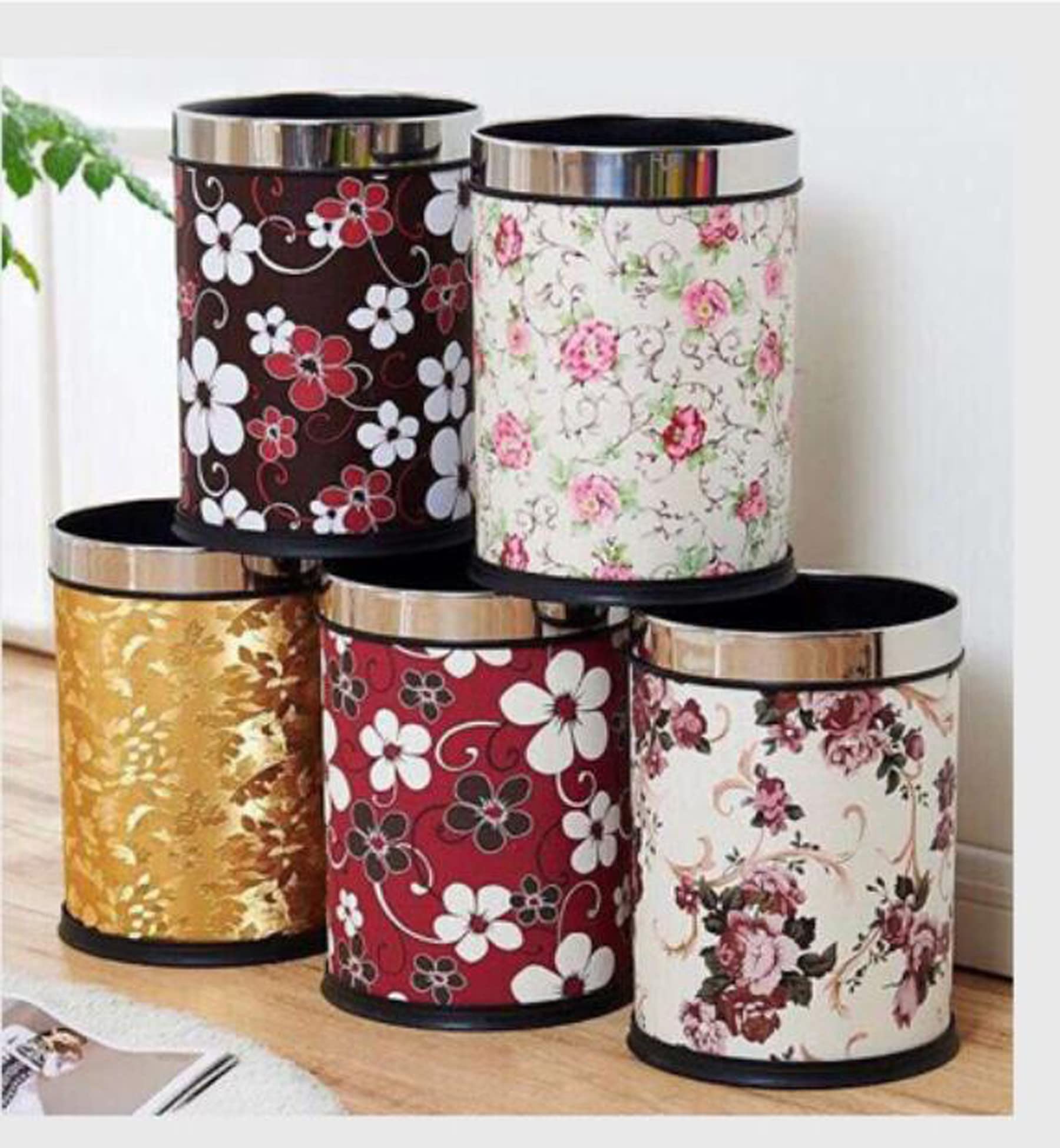 Happiness Decoration Round Garbage Bin Open Top 3.2 Gallon Trash Can for Home, Office, Kitchen, Bathroom,Bedroom, Living Room Wastebasket Waterproof Pu Leather Trash Can Decor (Pattern-D)