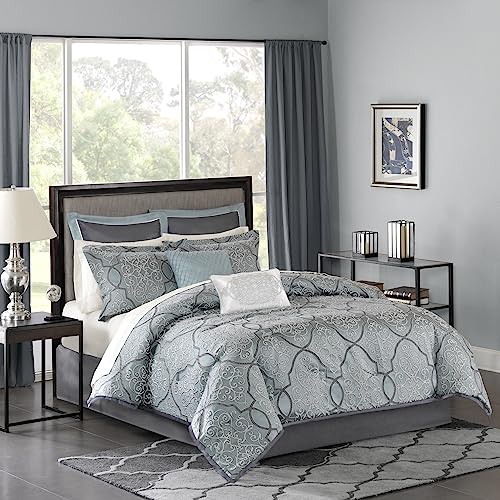 Madison Park Lavine Cozy Bed in a Bag Comforter Set, Traditional Luxe Jacquard Design All Season Down Alternative Bedding with Cotton Bed Sheets, Bed Skirt & Pillows, King Blue 12 Piece