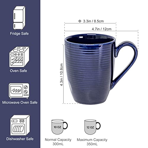 HENXFEN LEAD Coffee Mugs Set of 4-12 Oz Ceramic Coffee Cup with Large Handle for Tea, Milk, Latte and Cocoa, Christmas Mug Gift with Texture Design for Men & Women Microwave Safe, Dark Blue