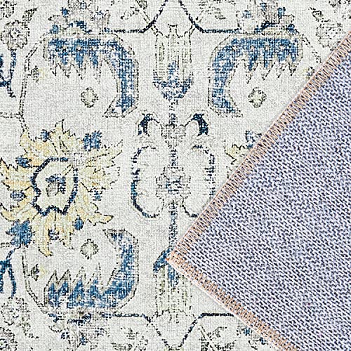 jinchan Area Rug 8x10 Vintage Rug Indoor Flodable Thin Rug Retro Accent Rug Distressed Carpet Blue Multi Floral Print Mat Country Boho Rug Non Slip Kitchen Bedroom Living Room Dining Room Office