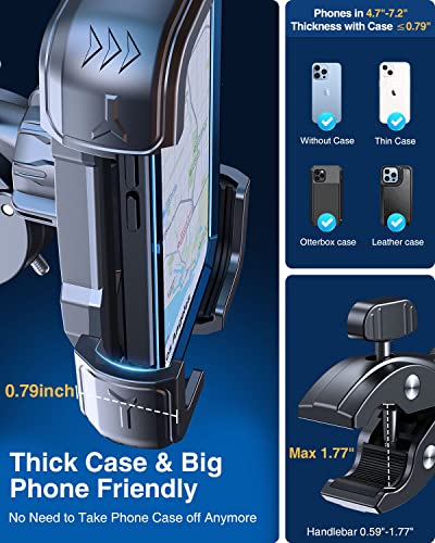 Motorcycle Phone Mount, [150mph Wind Anti-Shake][7.2inch Big Phone Friendly] Bike Phone Holder for Bicycle, [5s Easy Install] Handlebar Phone Mount, Compatible with iPhone, All Cell Phones