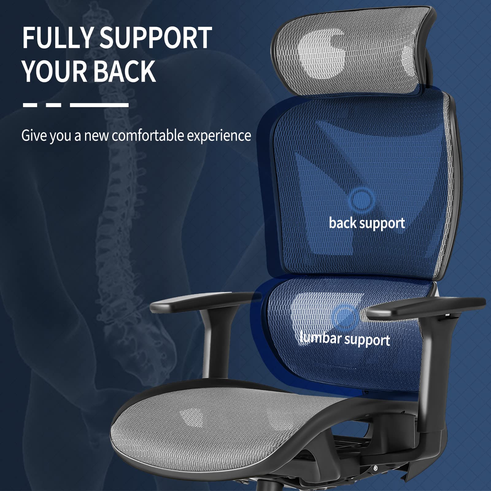 GABRYLLY Office Chair, Large Ergonomic Desk, High Back Computer Chair with Lumbar Support, 3D Armrest, Breathable Mesh, Adjustable Headrest with Tilt Function, Easy Assembly(Grey)