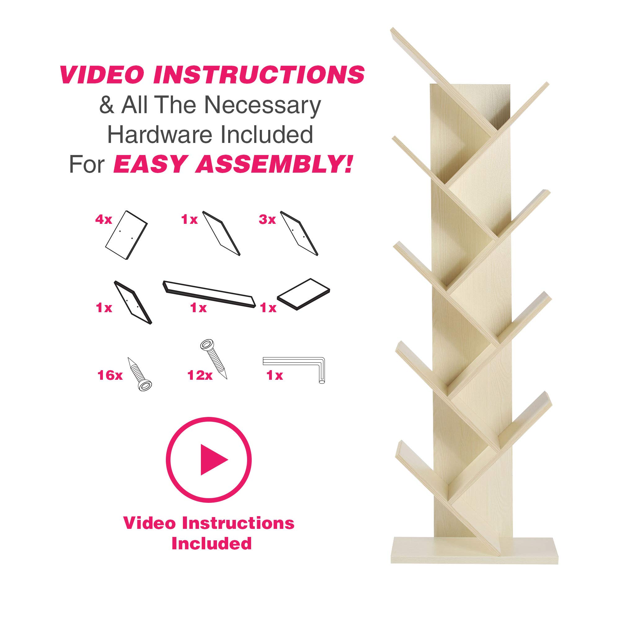 Berry Ave 9-Tier Tree Bookshelf - Unique Bookshelf for Books, Magazines, DVDs & More- Space Saving Spine Book Tower - Free Standing Bookcase in Modern Design for Home & Office Use (White)