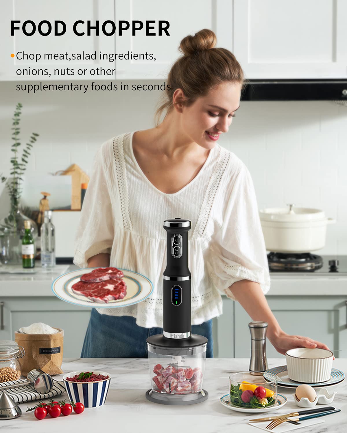 Cordless Hand Blender,Immersion Multi-Functional Hand Blender,4-In-1 Variable Speed Rechargeable,with Beaker,Food Chopper,Egg Whisk,for Baby Food, Smoothies, Sauces-Black