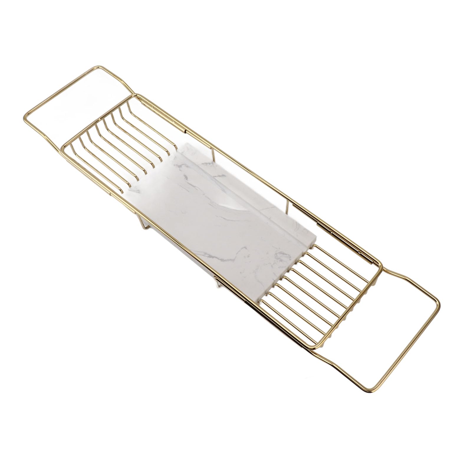 Metal Marble Bathtub Rack, Bathtub Caddy Tray Stainless Steel Shower Caddy Tray with Extending Sides, Bathroom Trays (Gold White)