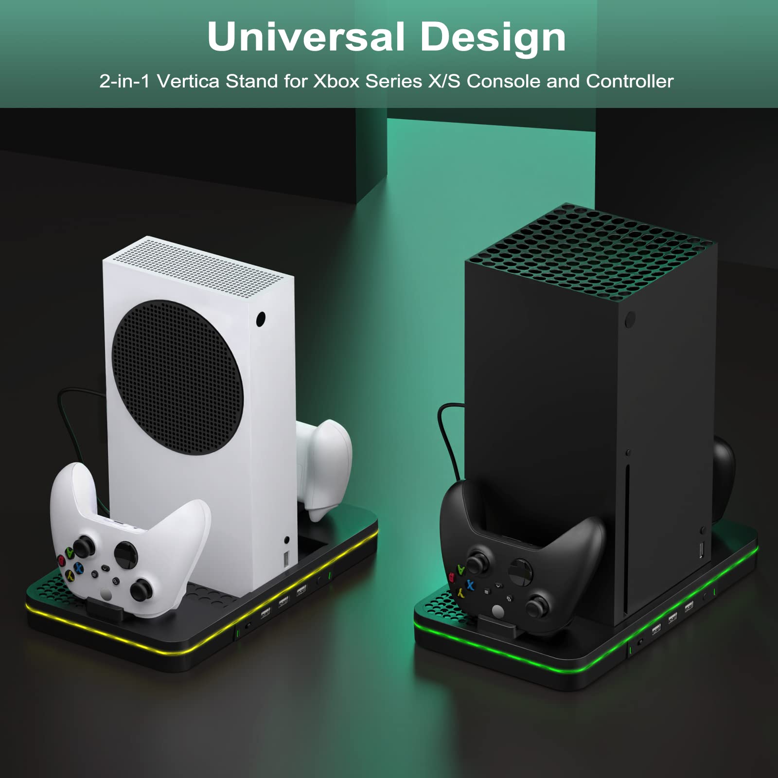 Charging Stand with Cooling Fan for Xbox Series X/S,Upgraded Vertical RGB lED Stand with Dual Controller Fast Charger Station Dock with 3 USB Ports & 7 Color Lights,2 Cooler Fans System Accessories