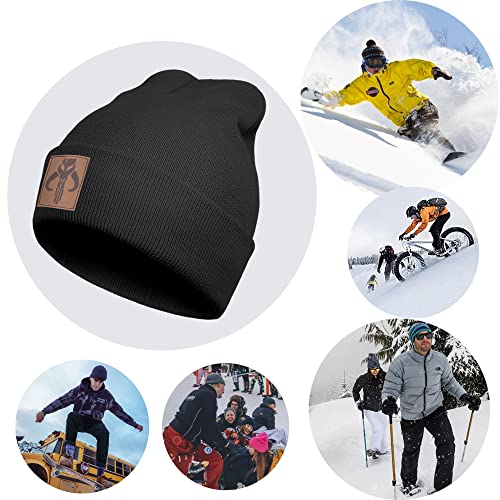 Birsppy Warm Cuffed Beanie Hats for Men Women Skull Leather Patch Winter Hat Soft Ski Knit hat Black
