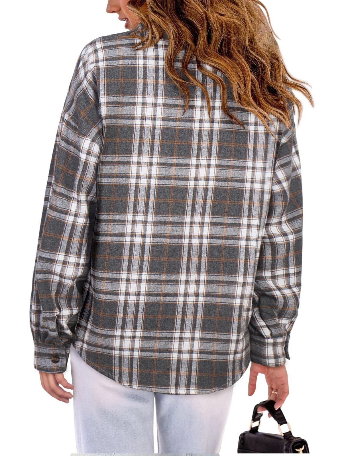 Berryou Flannel Shirts for Women Casual Plaid Button Down Shirt Long Sleeve Blouse Tops Grey L