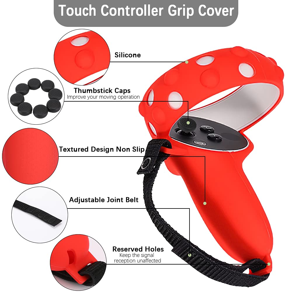 BestMal Touch Controller Grip Cover for Oculus Quest 2 with VR Silicone Face Cover, VR Shell Cover, Quest 2 Lens Cover, Thumb Button Cap, VR Disposable Mask and Cleaning Cloth (Red)