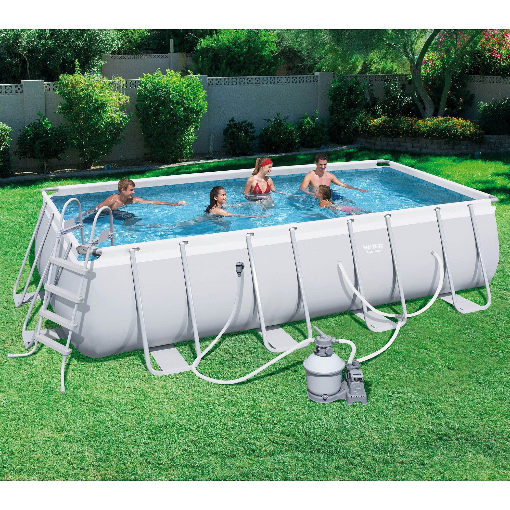 Bestway 18 x 9 x 4 Foot Rectangular Above Ground Pool Set with Ladder, 1000 Gallon Sand Filter Pump, Ground Cloth, Pool Cover, and Surface Skimmer